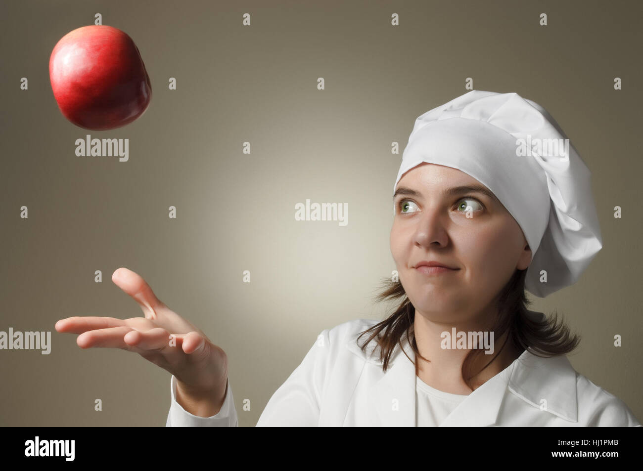 woman, blank, european, caucasian, diet, cook, chef, throwing, apple ...