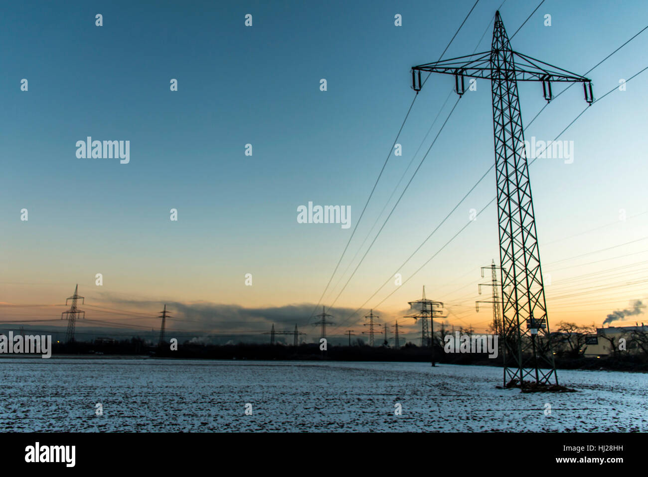 Winter electric wire power lines steel tower landscape Snow white ...