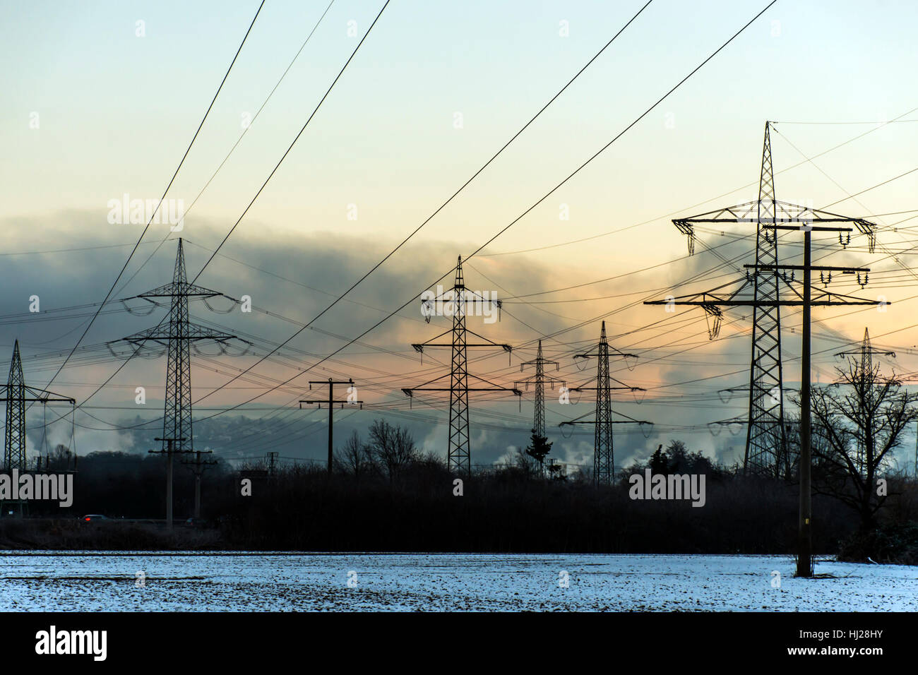Winter electric wire power lines steel tower landscape Snow white ...