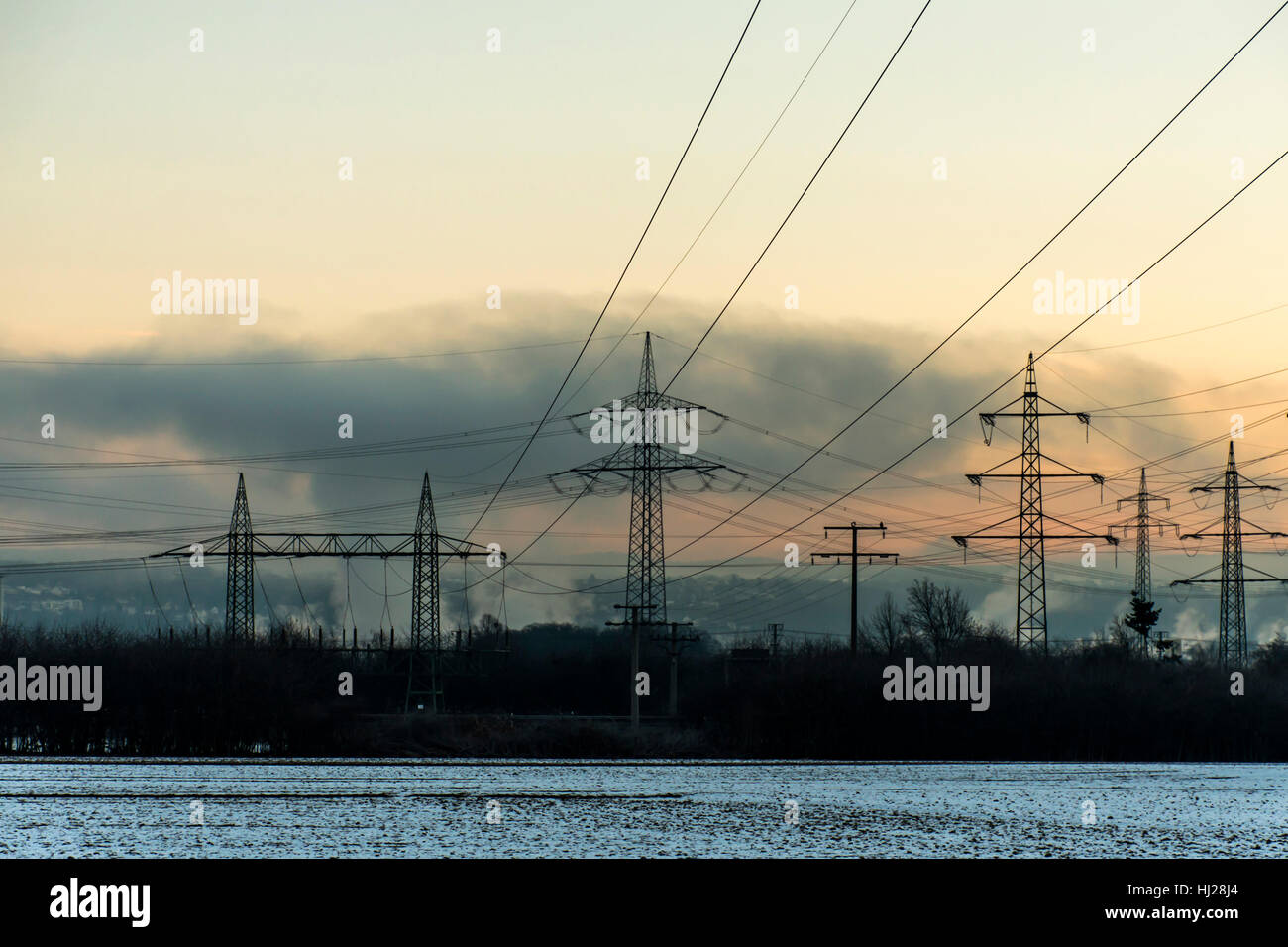 Winter electric wire power lines steel tower landscape Snow white ...