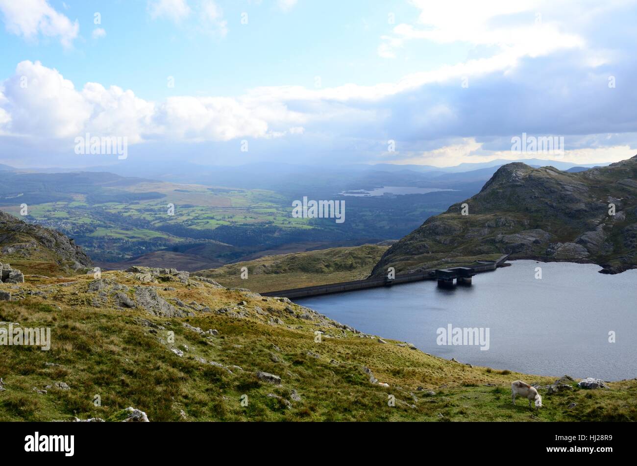 Stwlan Dam reservoir lake above Tanygrisiau Moelwyn Mountain Range ...