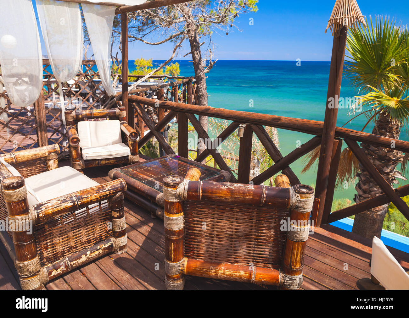 Seaside balcony, popular touristic resort island Zakynthos, Greece ...