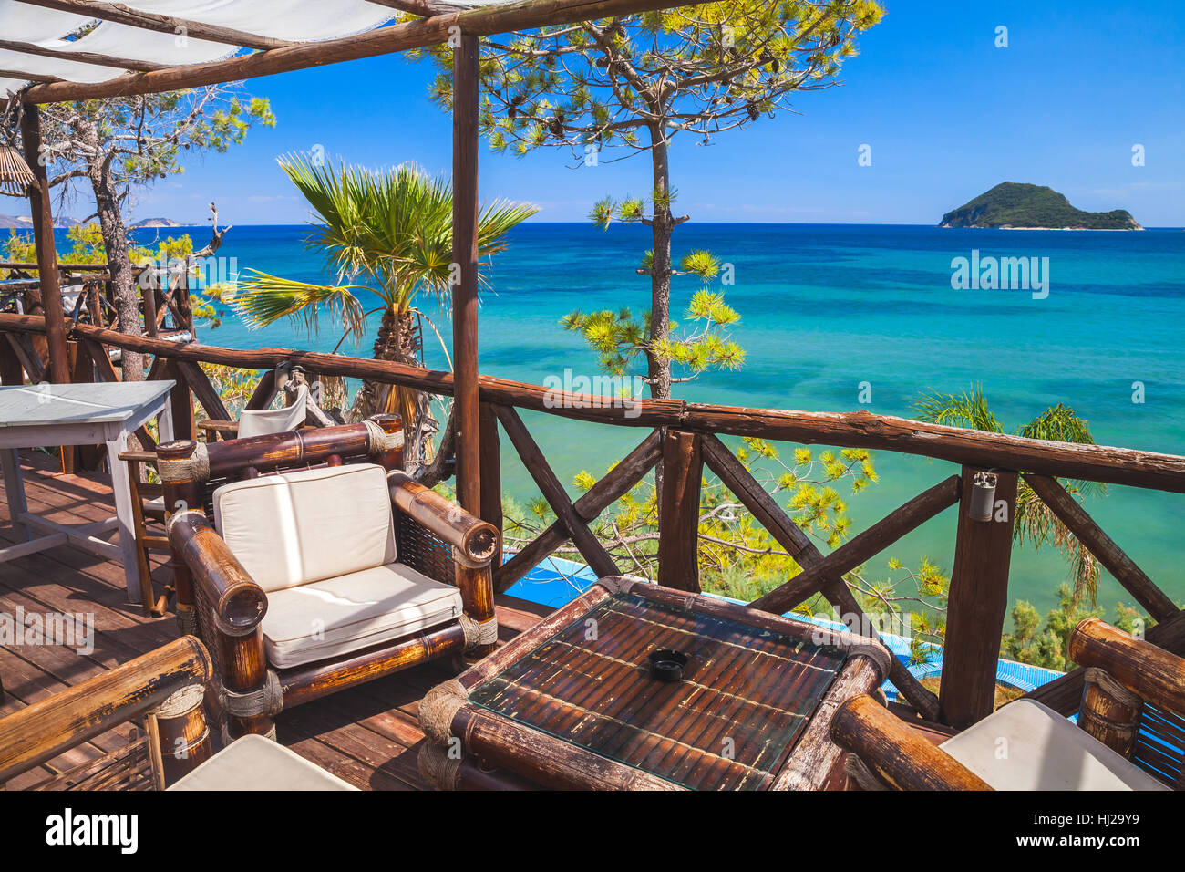 Seaside balcony view, popular touristic resort island Zakynthos, Greece ...