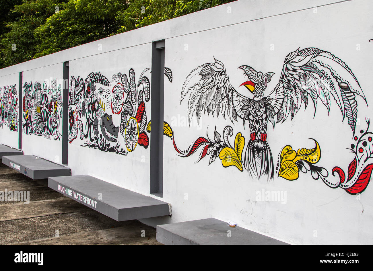 Paintings of animals, decorating the benches alongside the Sarawak ...
