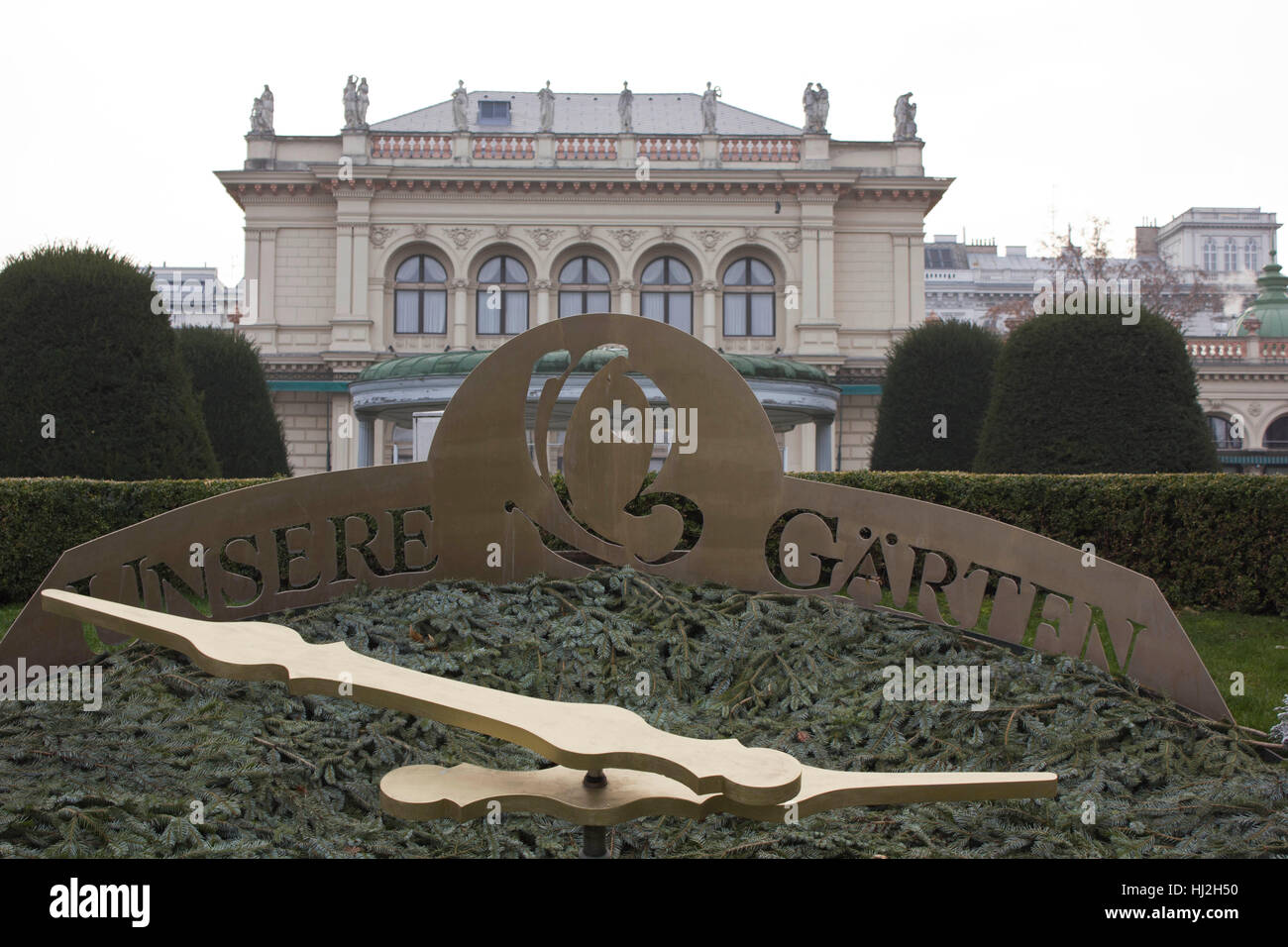 VIENNA, AUSTRIA - JANUARY 1 2016: Architectural close up of Unsere Garten clock in front of ...