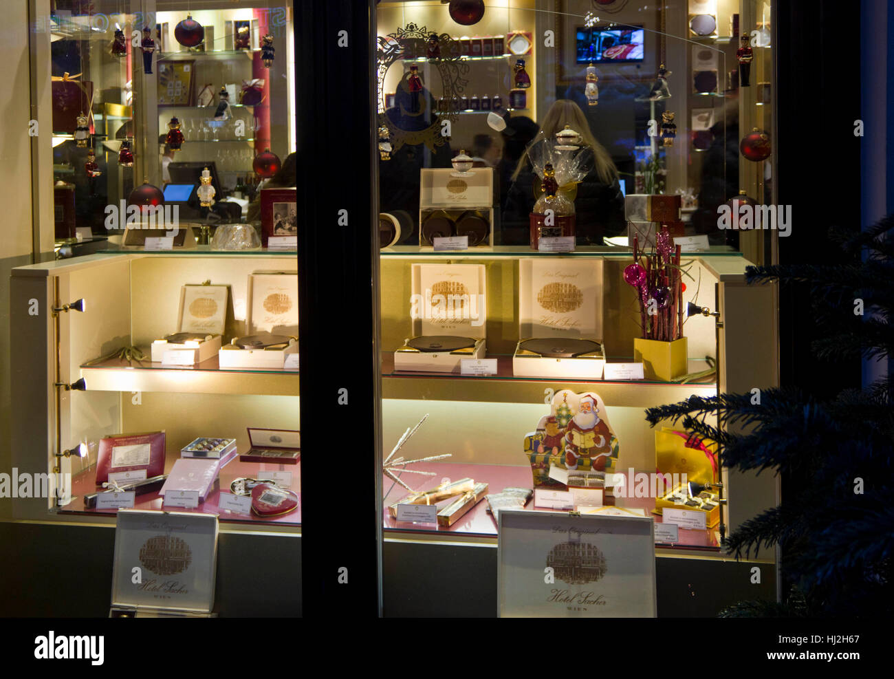 VIENNA, AUSTRIA - JANUARY 1 2016: Window display of Hotel Sacher shop ...