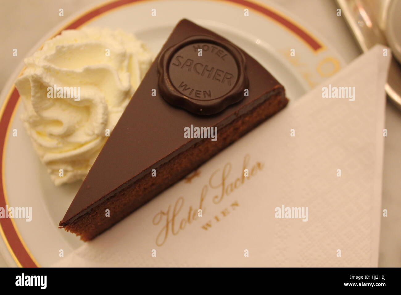 VIENNA, AUSTRIA - JANUARY 2 2016: The original Sacher Torte served with ...