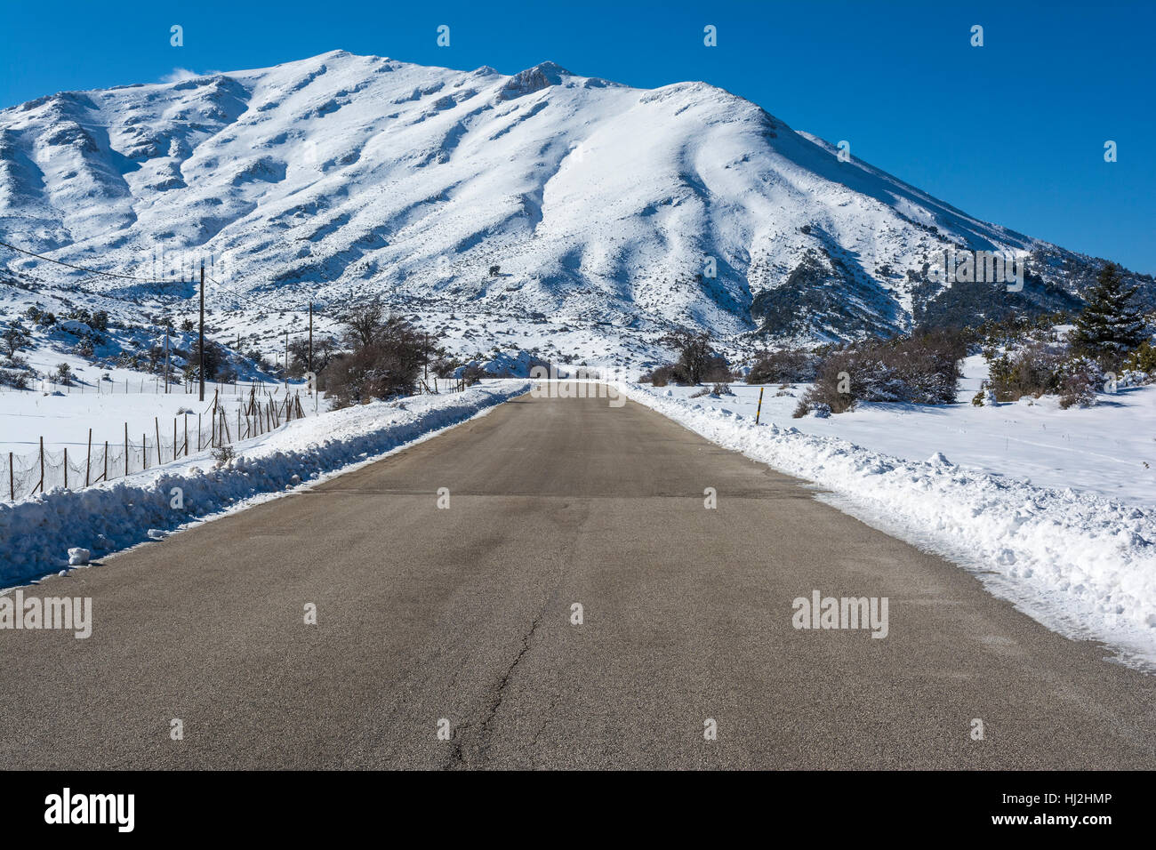 Road in Ziria mountain on a winter day, Korinthia, South Peloponnese ...