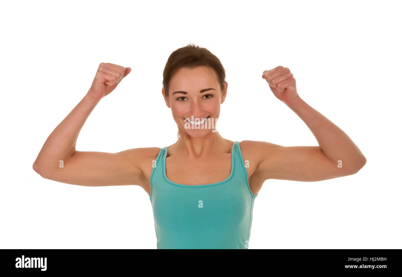 woman, present, indicate, show, strong, muscles, muscle, biceps, blue ...