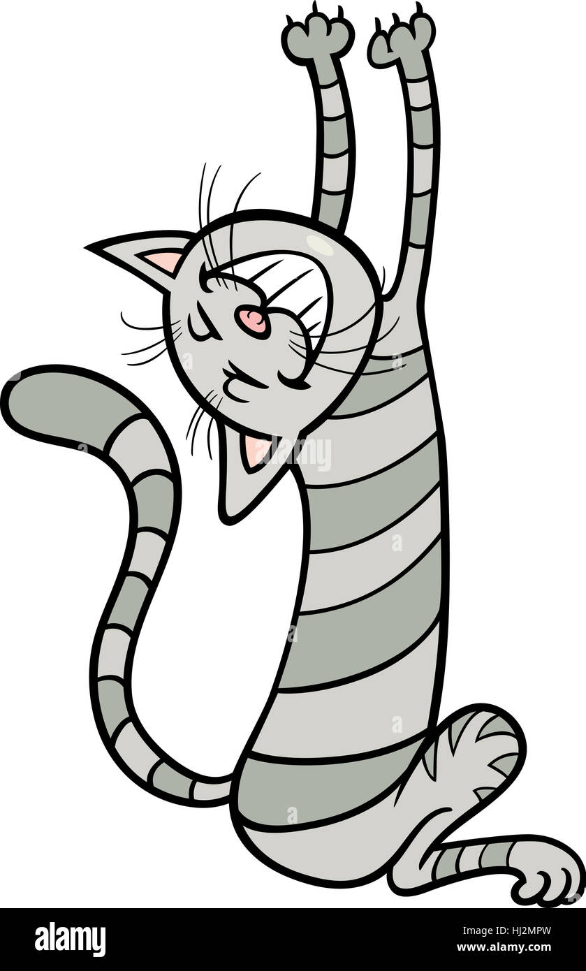 Cartoon Illustration of Funny Stretching Tabby Cat Stock Photo - Alamy