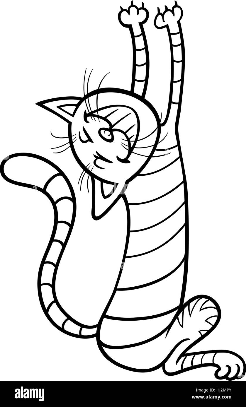 Black and White Cartoon Illustration of Funny Stretching Cat for ...