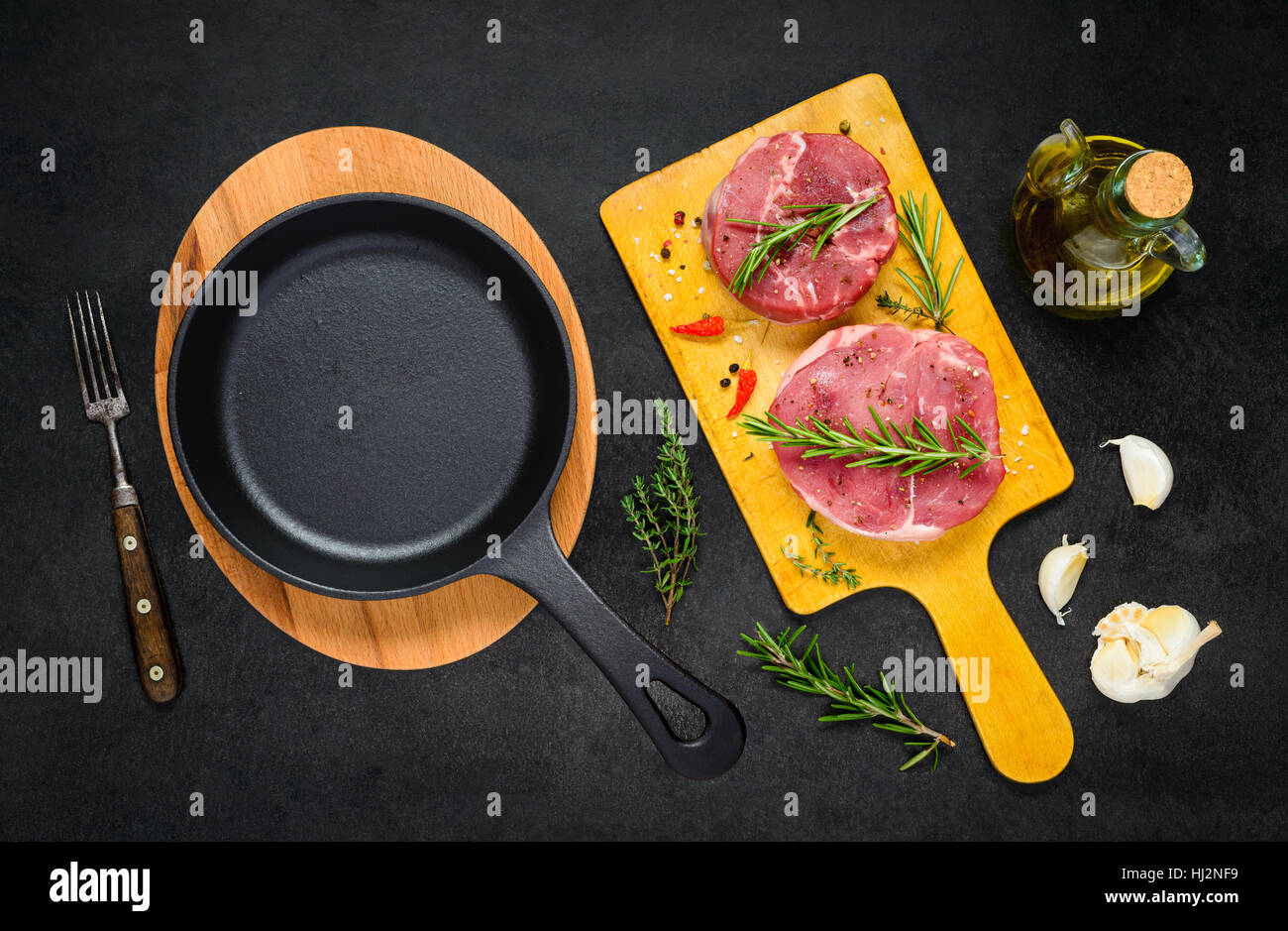 Top View of Cooking Pan with Raw Beef Meat with Condiments and ...