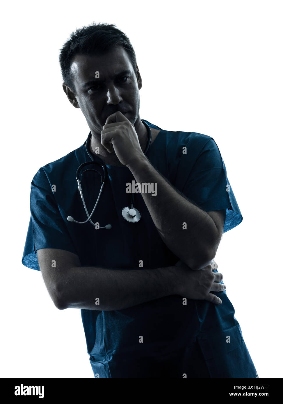 one caucasian man doctor surgeon medical worker thinking pensive ...