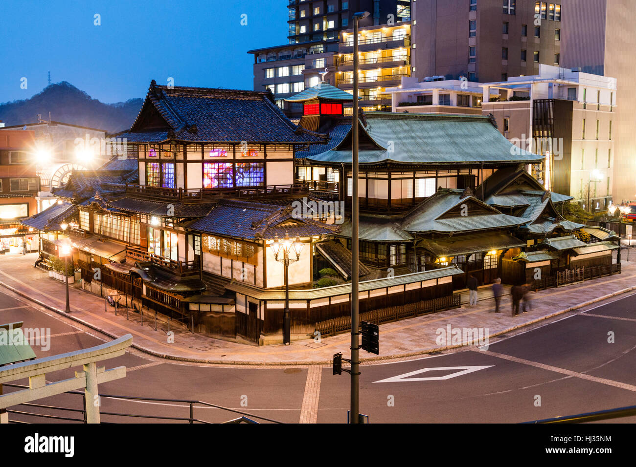 Japan, Matsuyama. Famous building the Dogo Onsen. High angle view of ...
