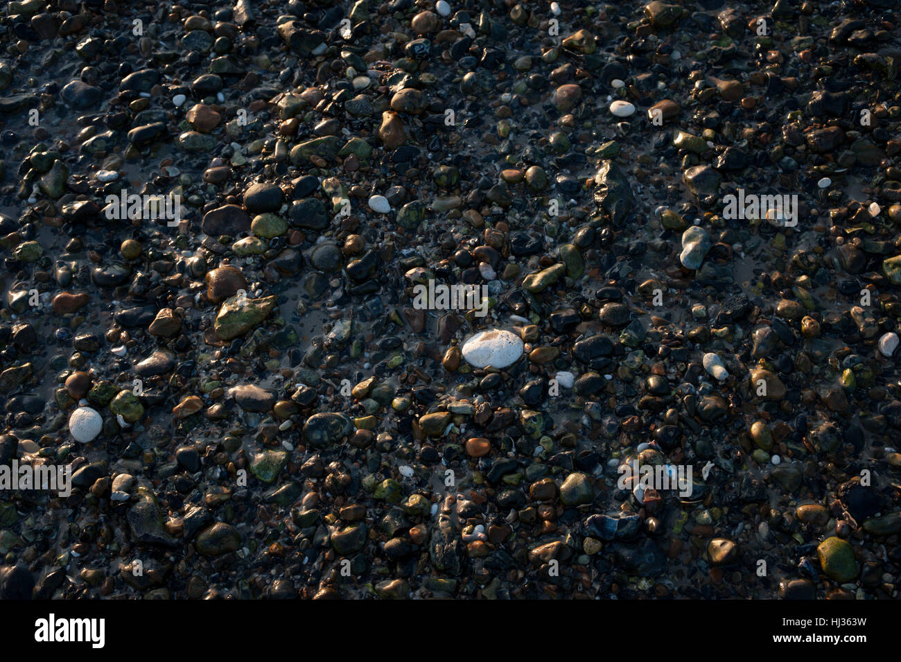 Littlehampton, West Sussex, UK. Chalk mixed in with pebbles exposed ...