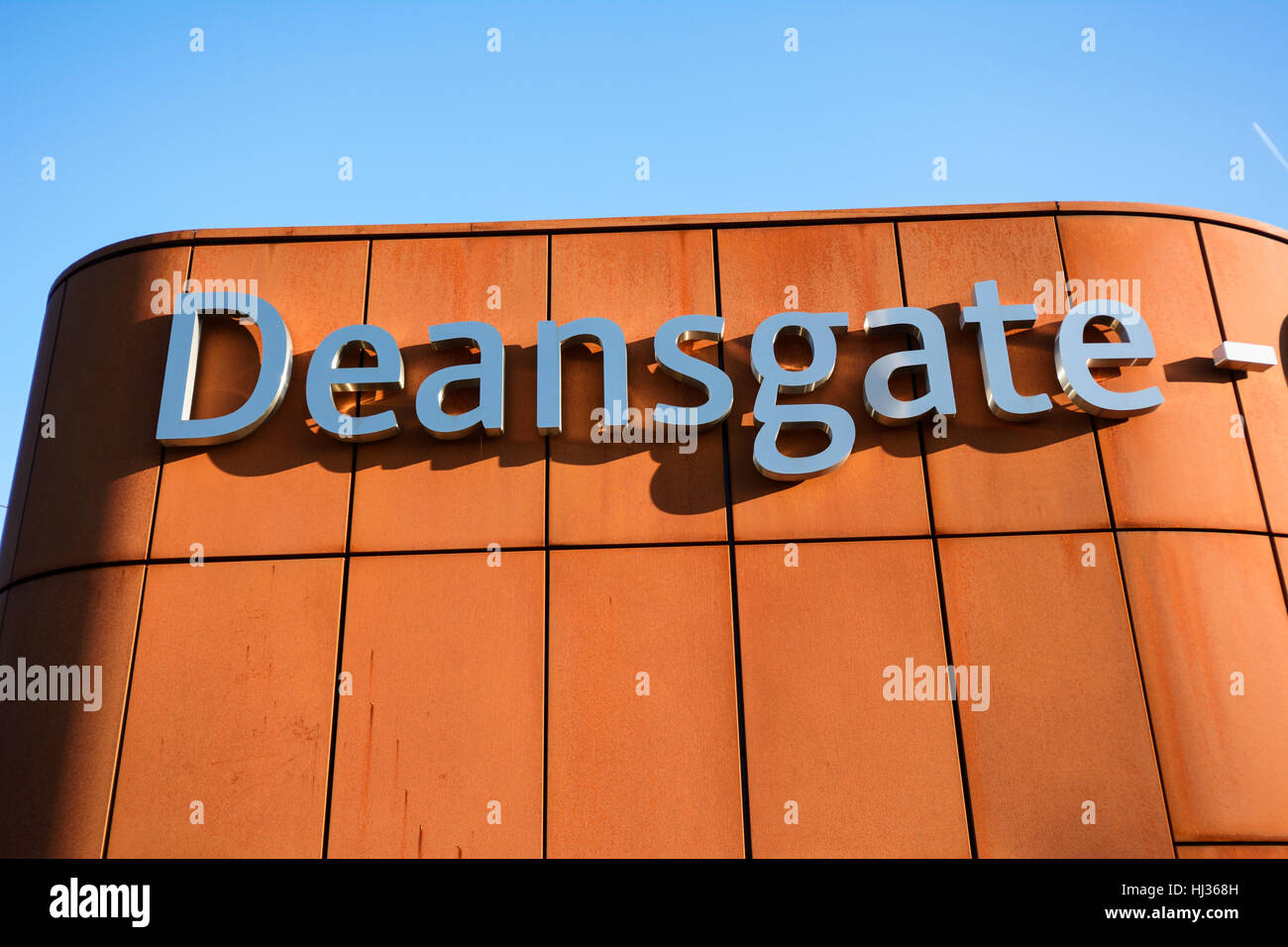 Chrome Deansgate sign on a rusty structure at Deansgate Metrolink tram ...