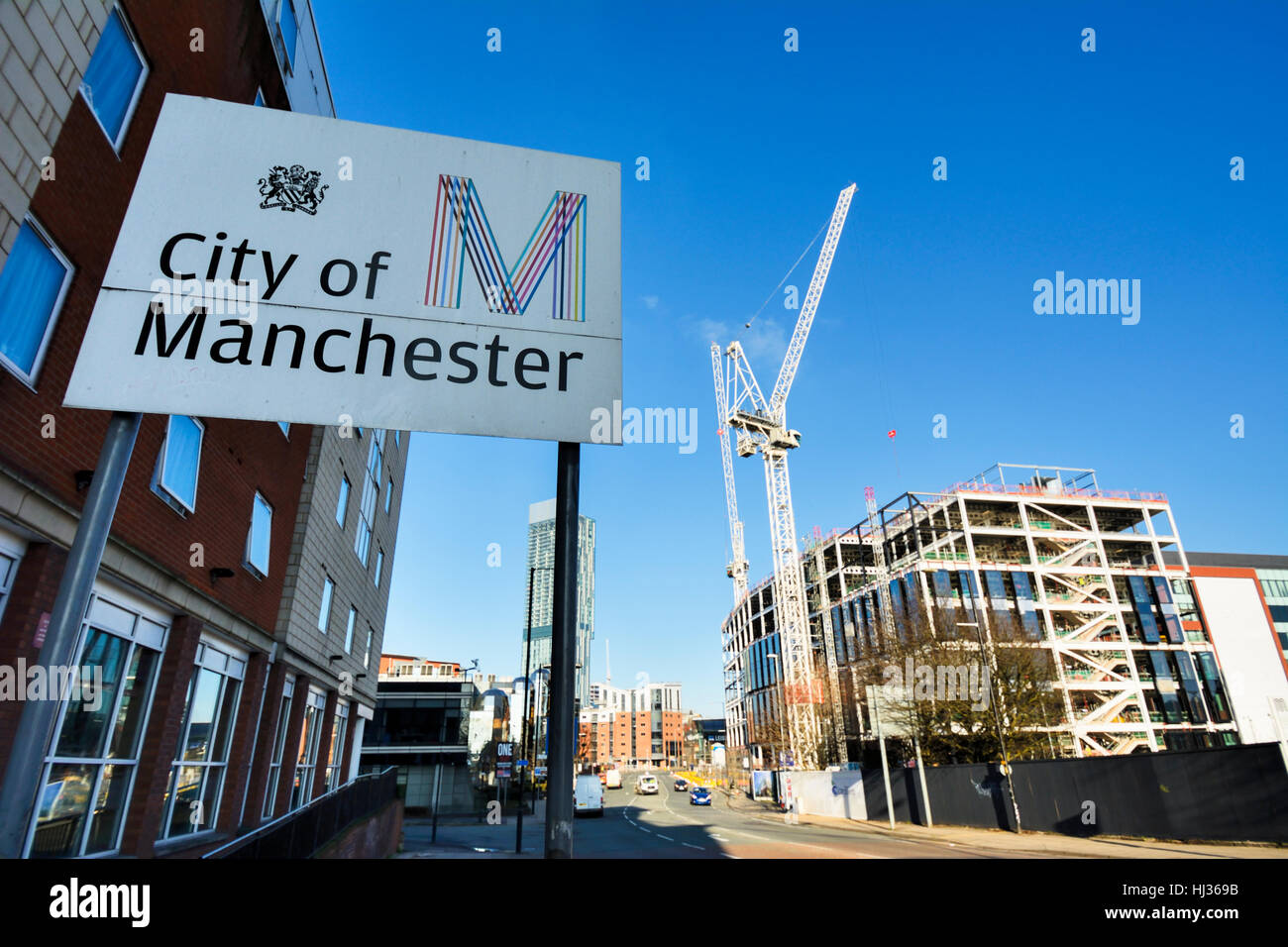 City of Manchester sign on Medlock Street, Manchester City centre with ...