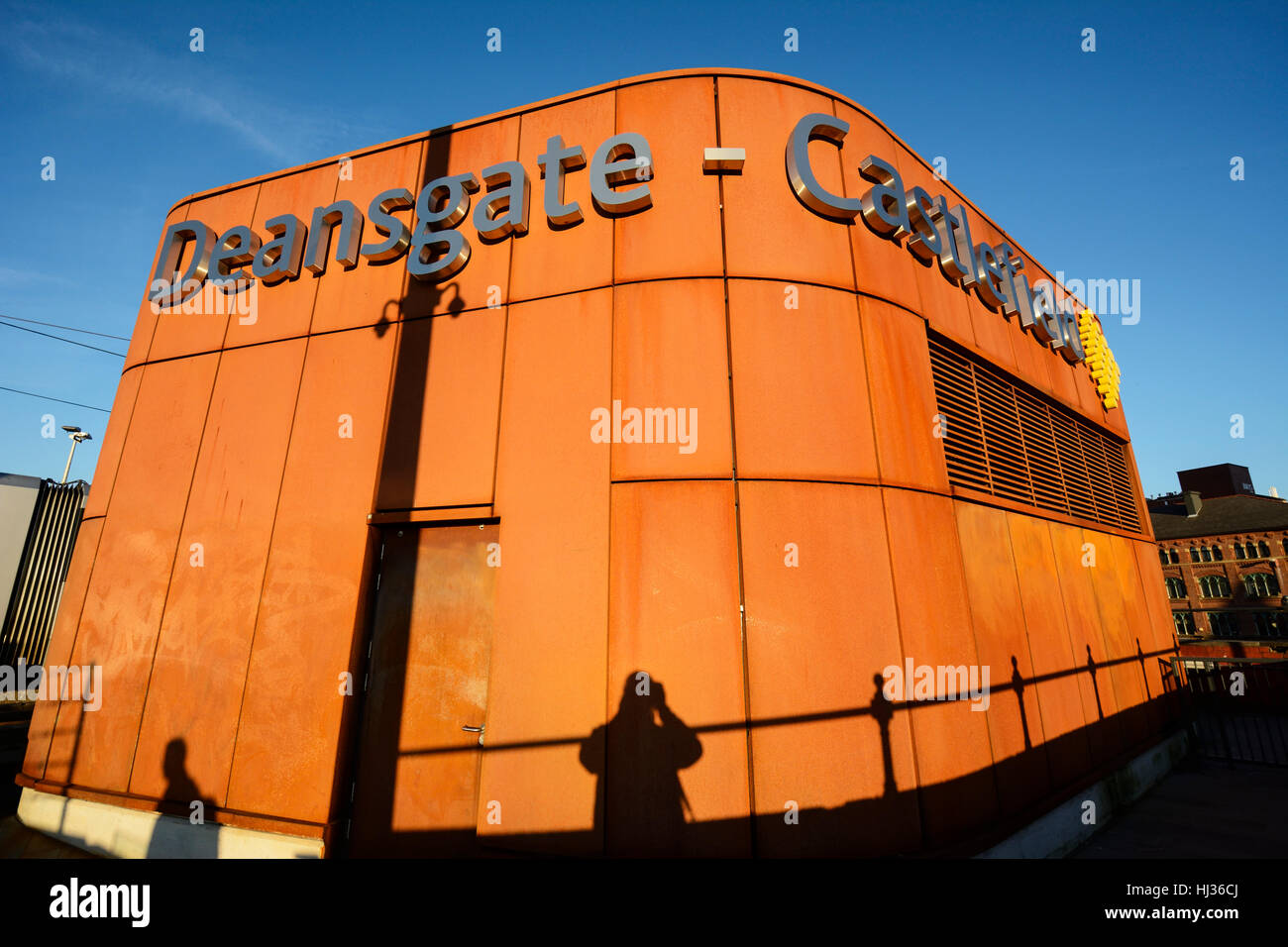 Deansgate - Castlefields sign on rusty structure at Deansgate tram stop ...
