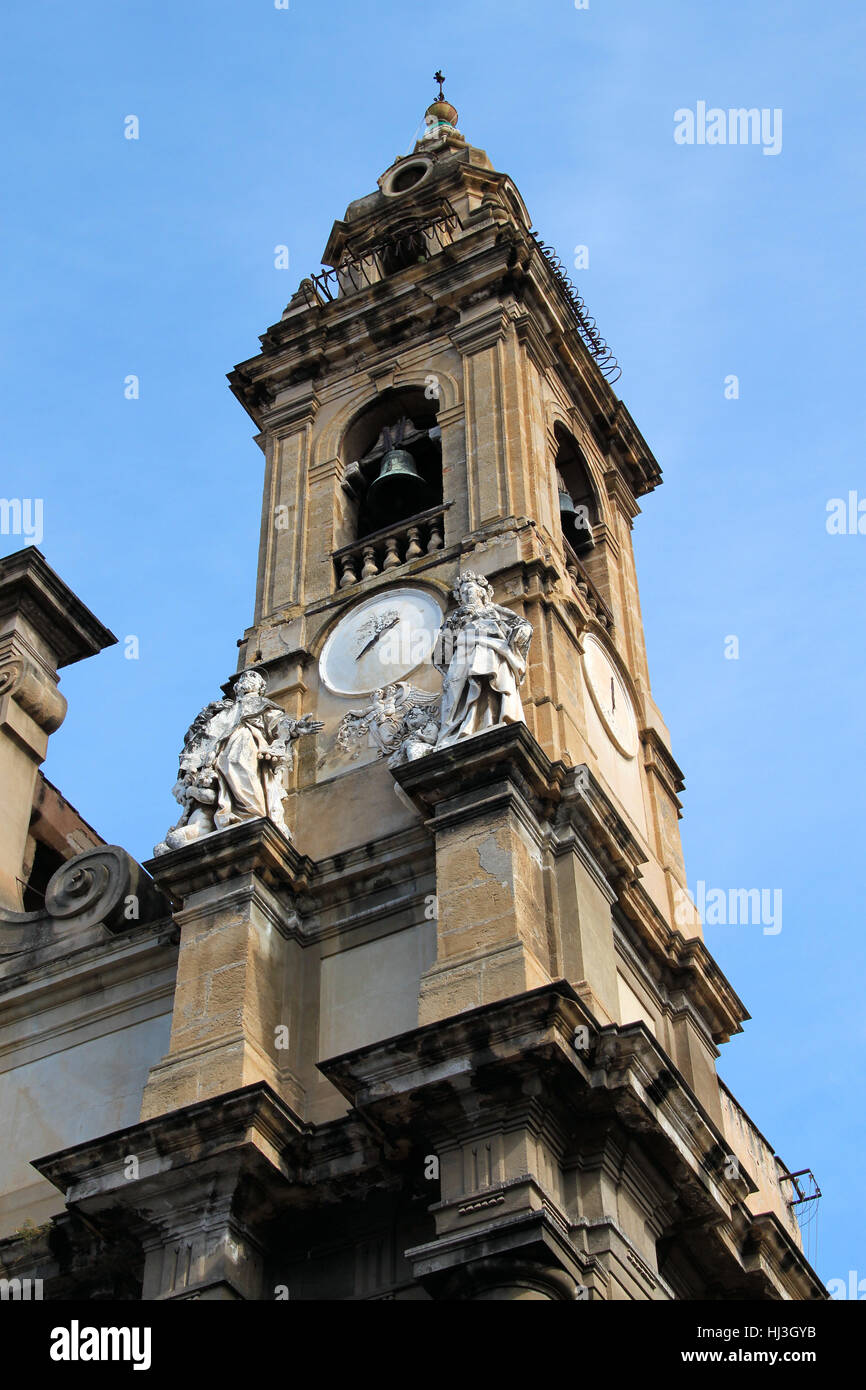 church, sicily, italy, historical, church, statue, clock, steeple, bell ...