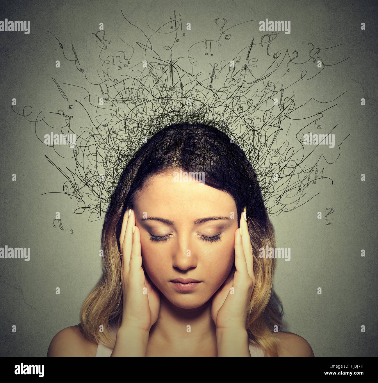 Closeup sad young woman with worried stressed face expression and brain ...