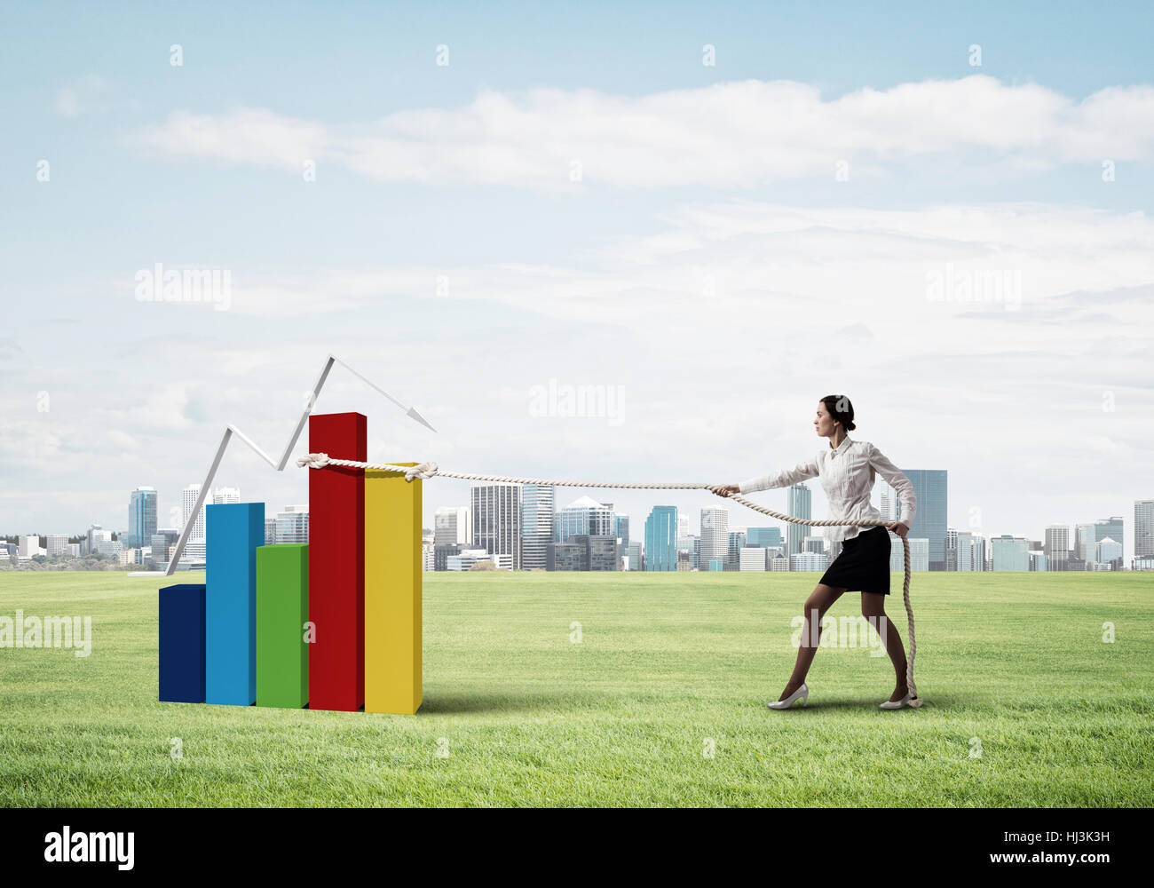 Businesswoman pulling arrow with rope and making it raise up Stock ...
