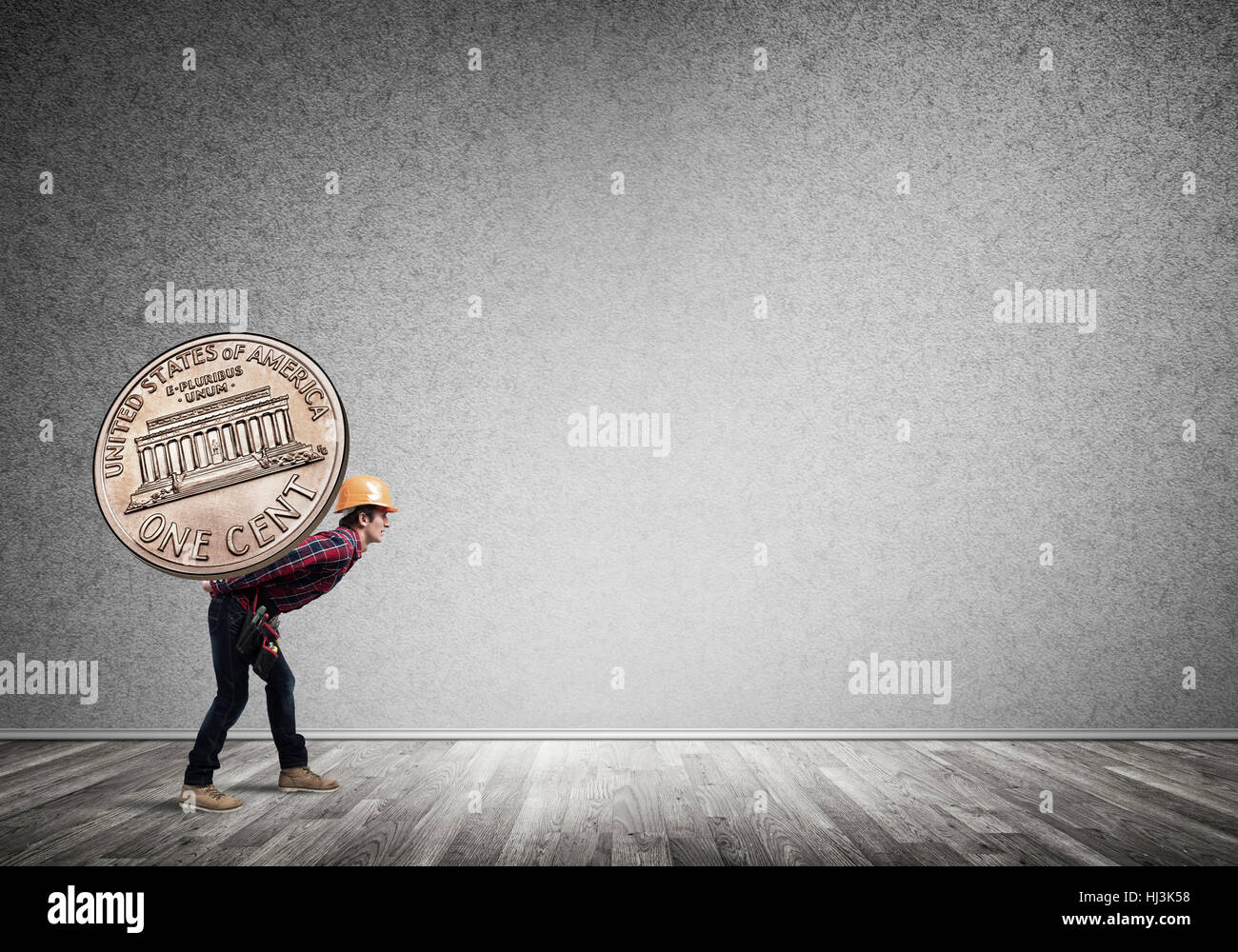 Builder man carry coin Stock Photo - Alamy