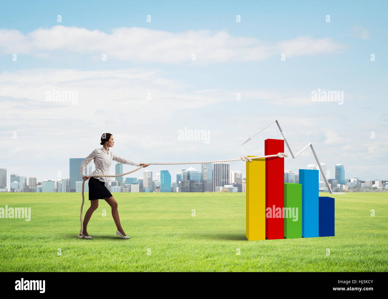 Businesswoman pulling arrow with rope and making it raise up Stock ...