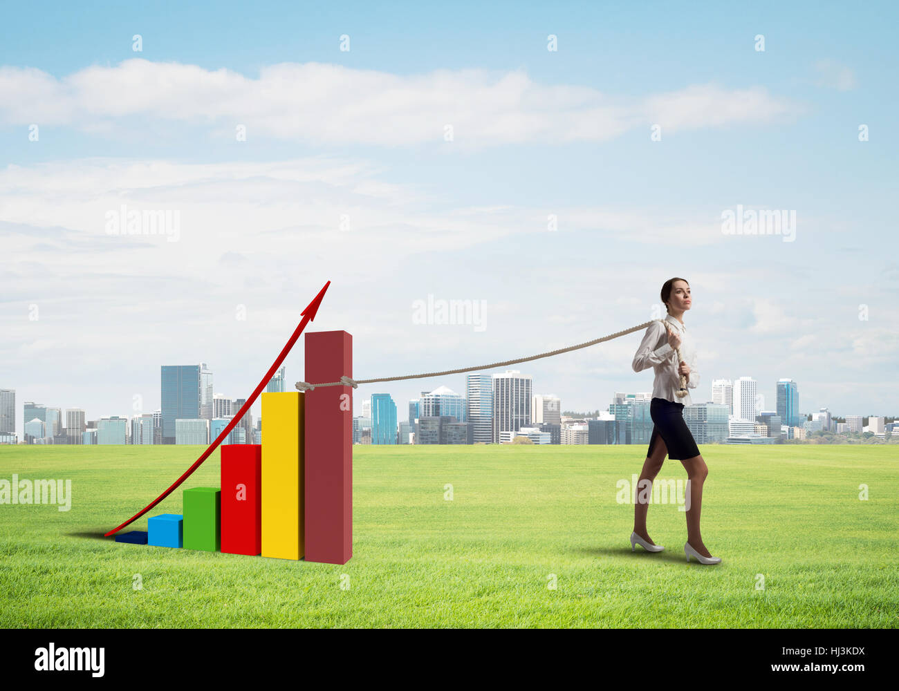 Businesswoman pulling arrow with rope and making it raise up Stock ...