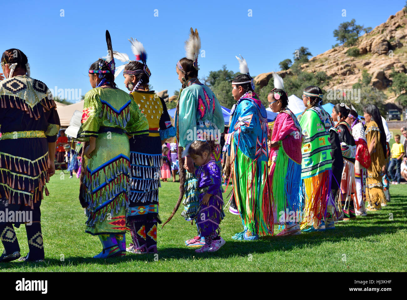 Native American Navaho Indians entering dance wearing traditional ...