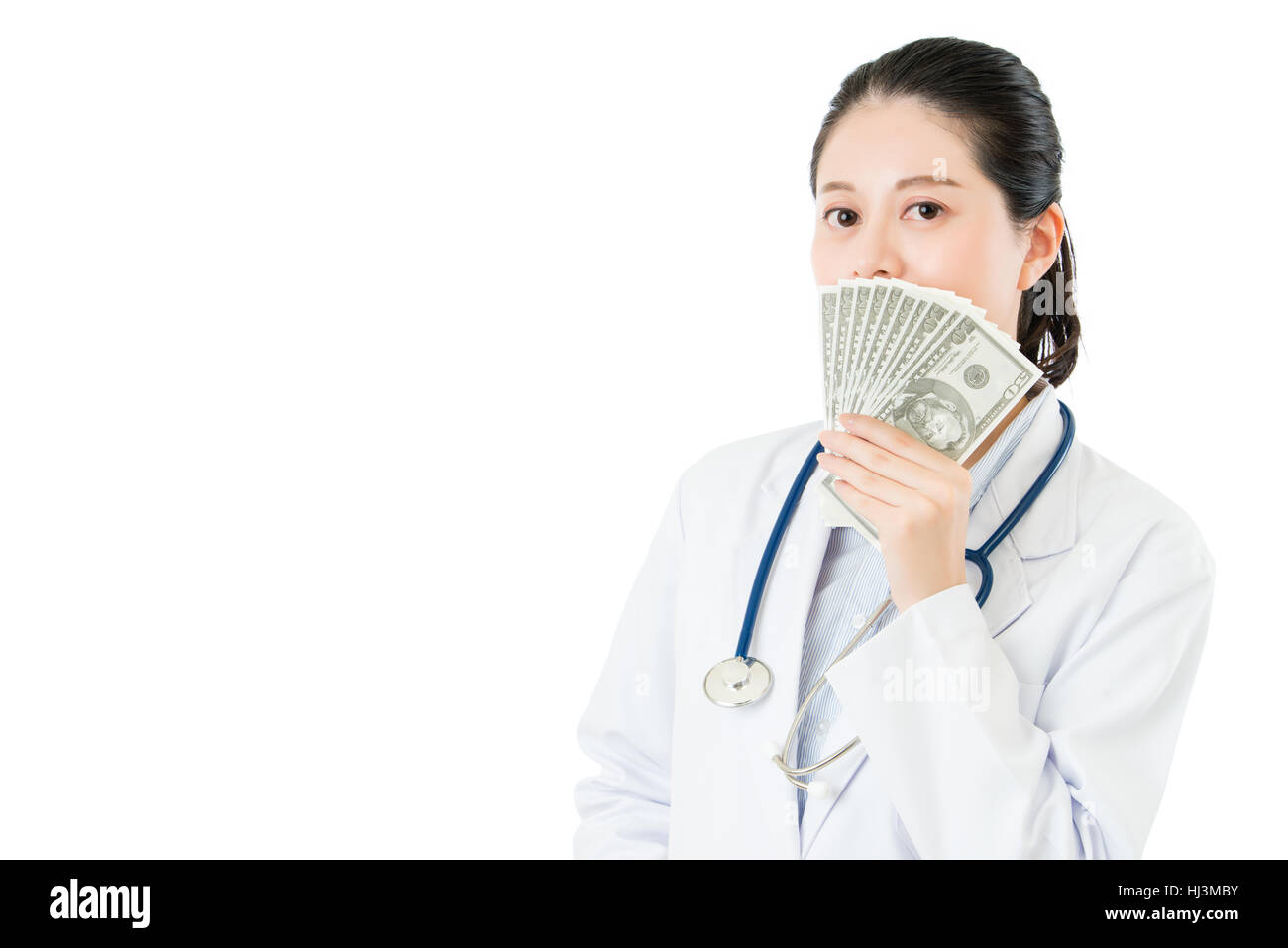 asian woman doctor chuckle snicker take money bribery. isolated on ...