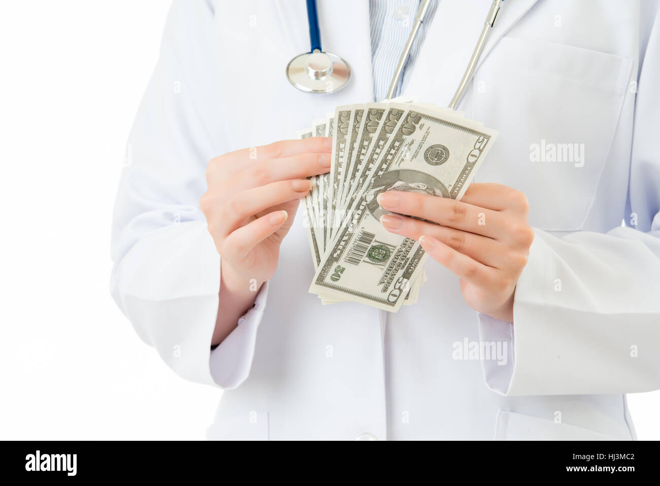 asian woman doctor counting money bribery for income. isolated on white ...