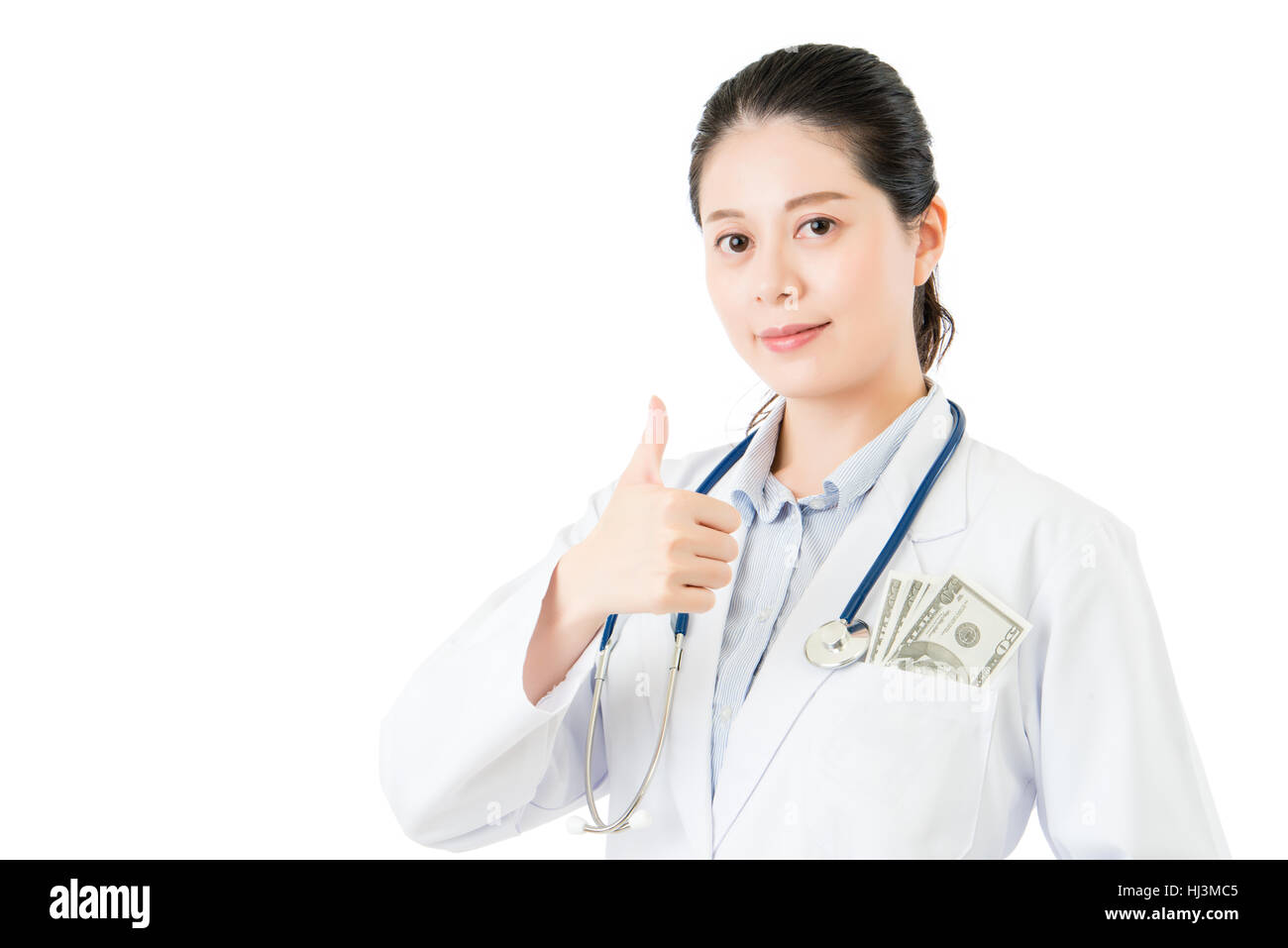asian woman doctor take money bribery with thumbs up gesture. isolated ...