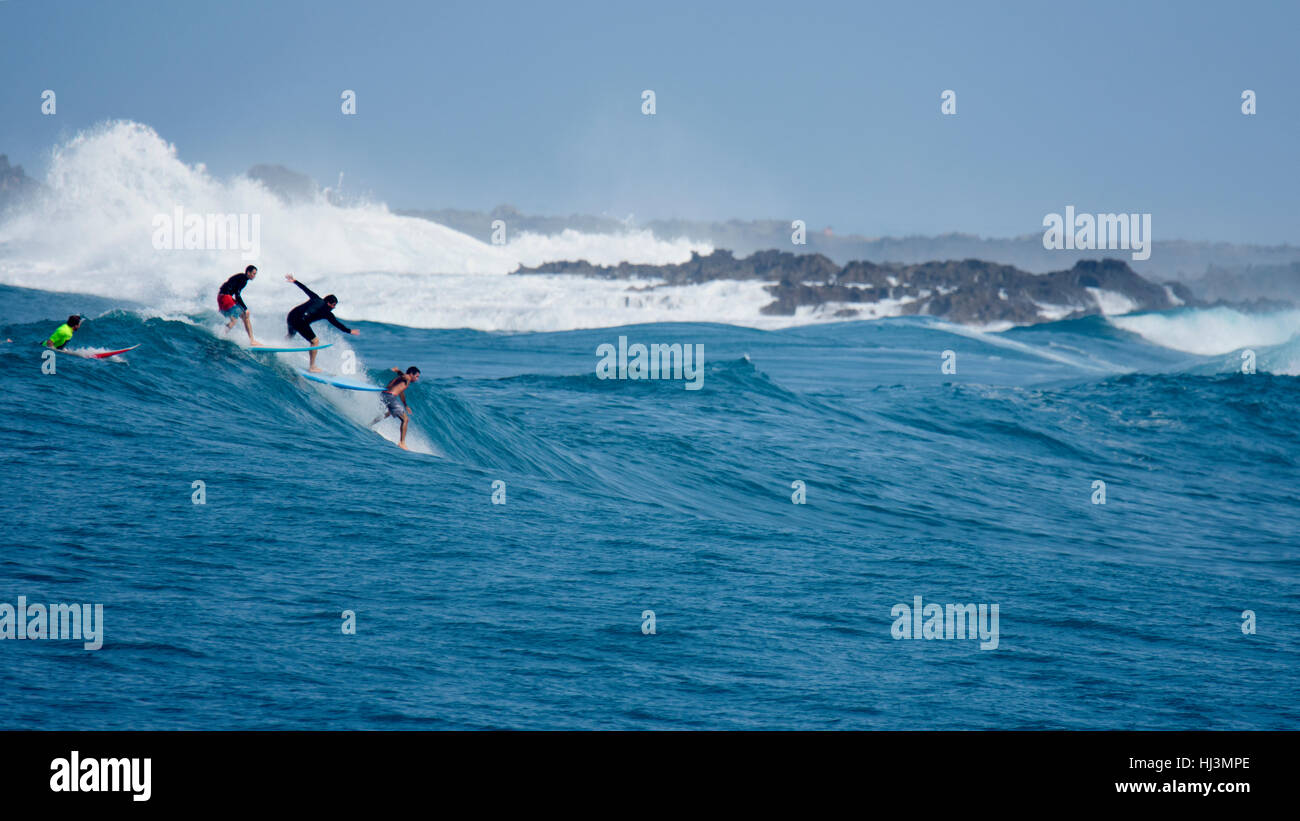 Surfing waves at Waimea Bay, North Shore, Oahu, Hawaii, USA Stock Photo ...