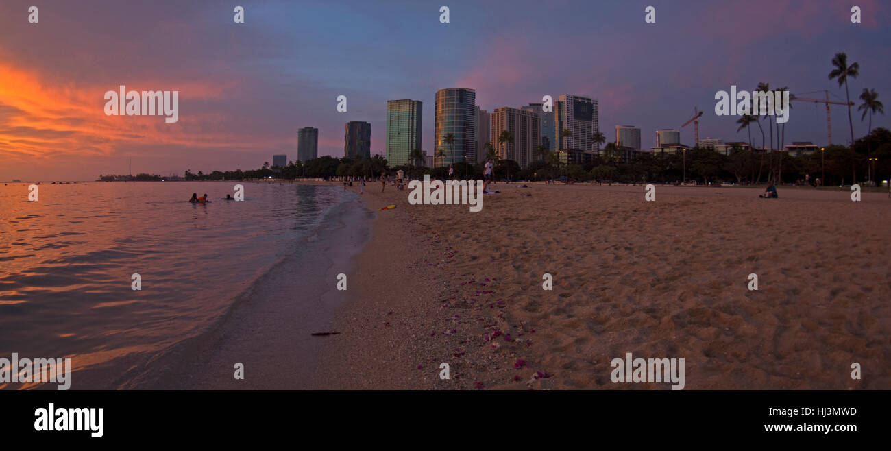 Sunset over Ala Moana Beach, Honolulu, Oahu, Hawaii, USA Stock Photo ...