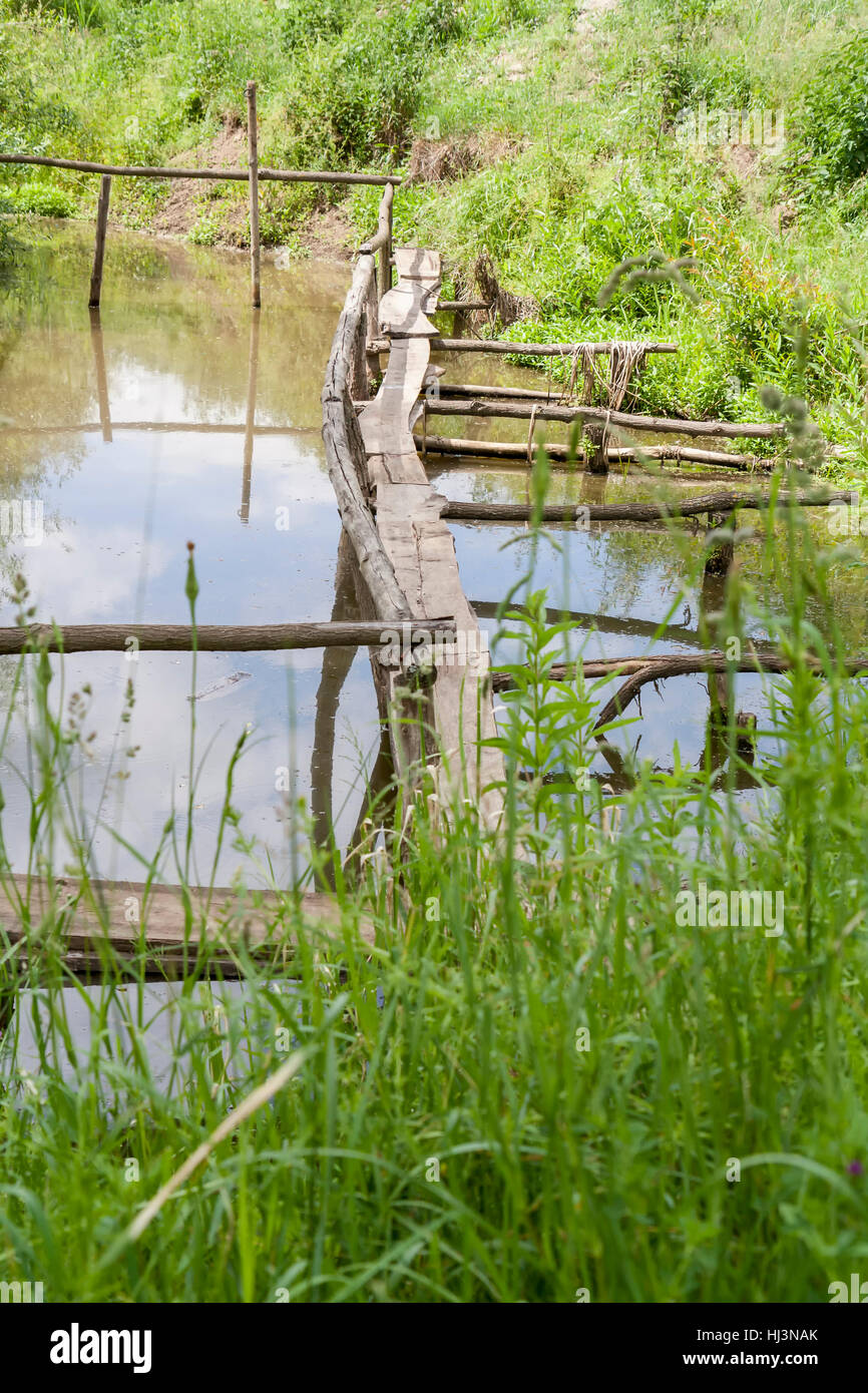 Old wooden bridge over the lake overgrown with grass. Old rural ...