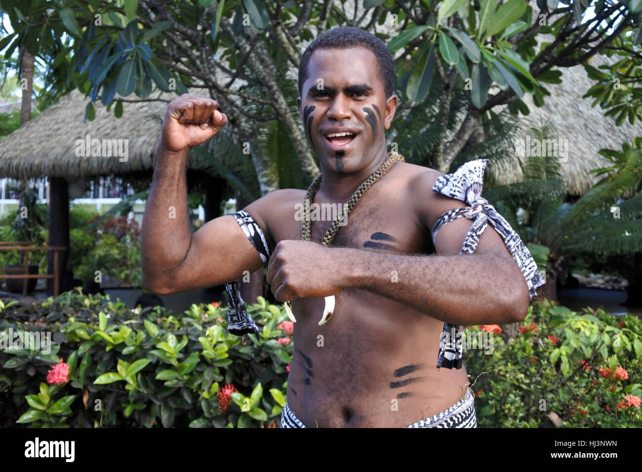 NADI, FIJI - JAN 01 2017:Indigenous Fijian man greeting Bula,(Hello ...