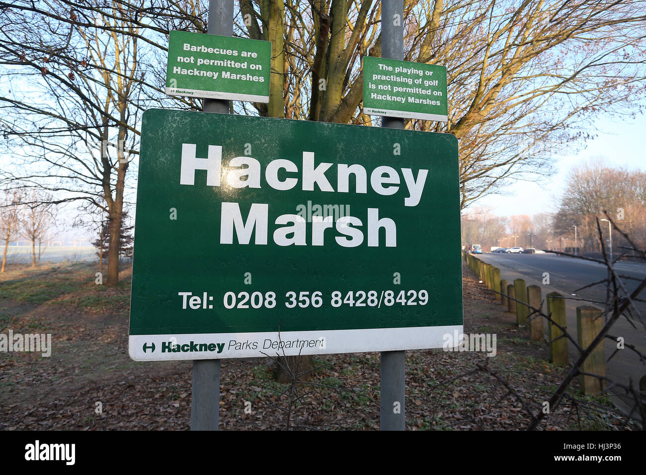 General view of the Hackney Marsh sign. Freezing temperatures and a ...