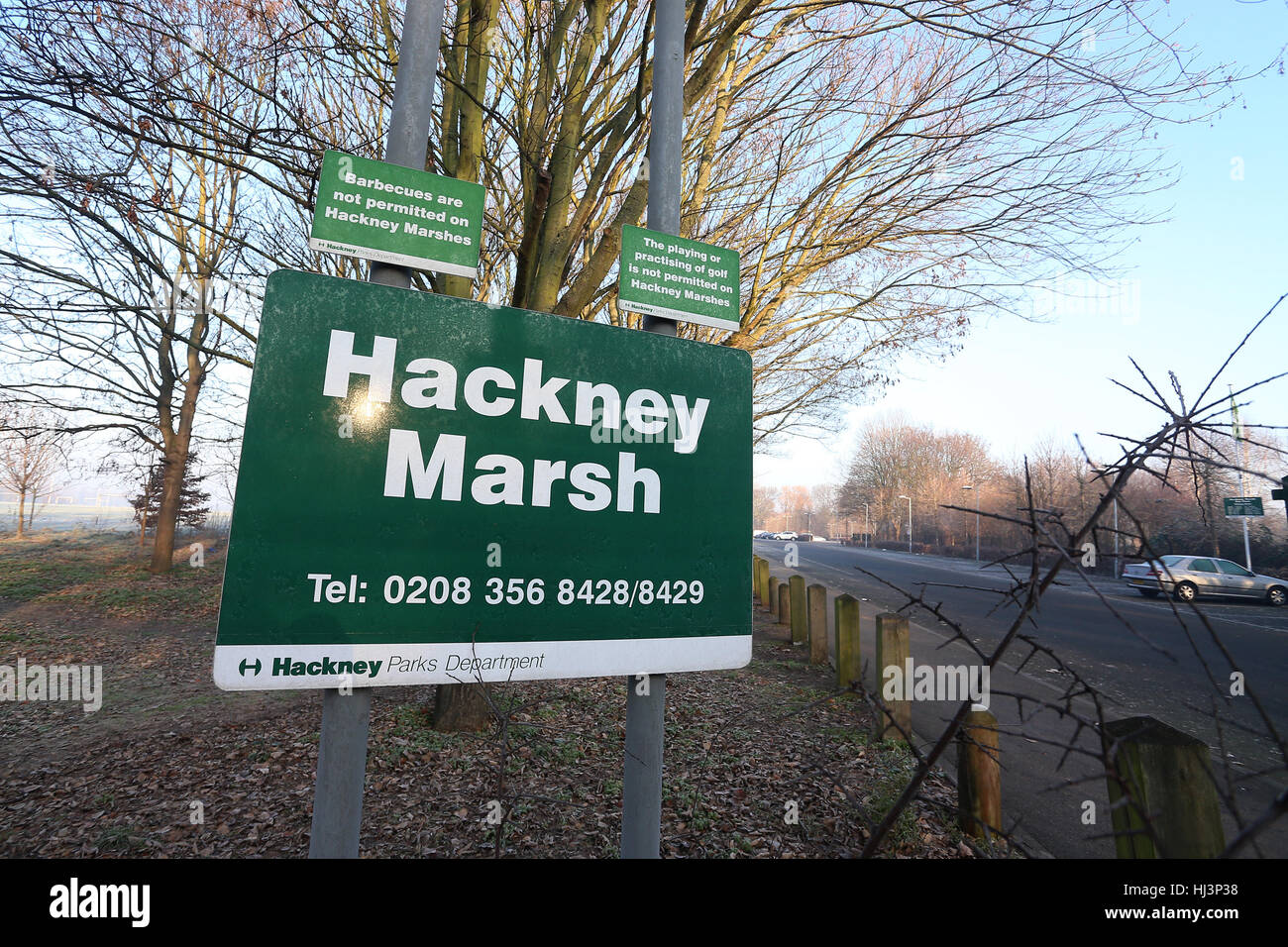 General view of the Hackney Marsh sign. Freezing temperatures and a ...