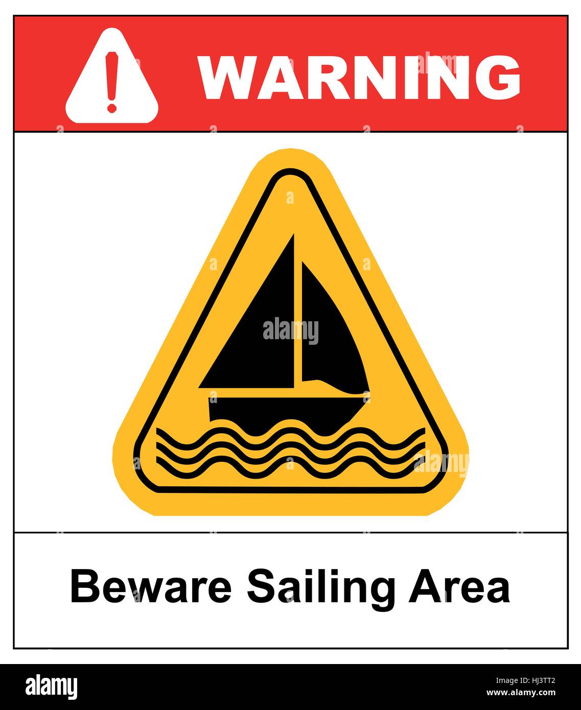 Beware of sailing area. Warning sign in yellow triangle isolated on ...