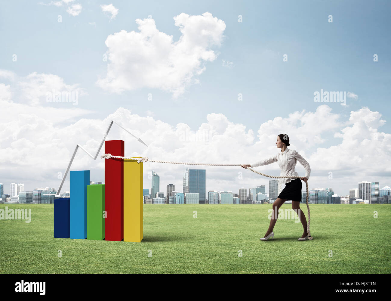 Businesswoman pulling arrow with rope and making it raise up Stock ...