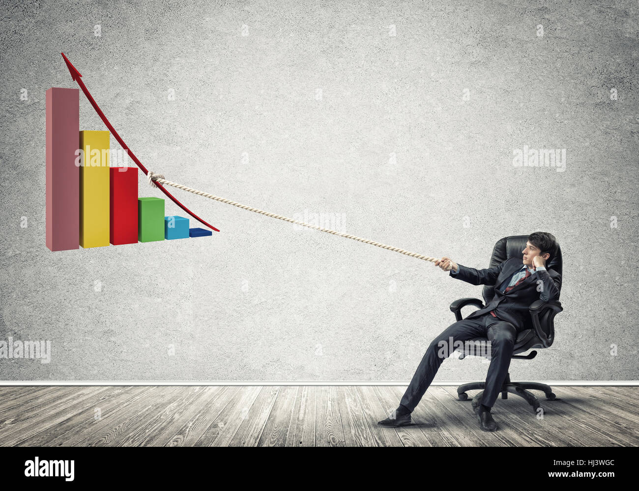 Businessman pulling graph with rope as concept of power and control ...