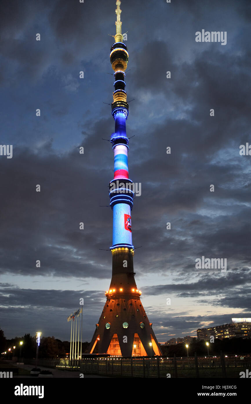 Festive Illumination of Ostankino TV Tower in Twilight. Night ...