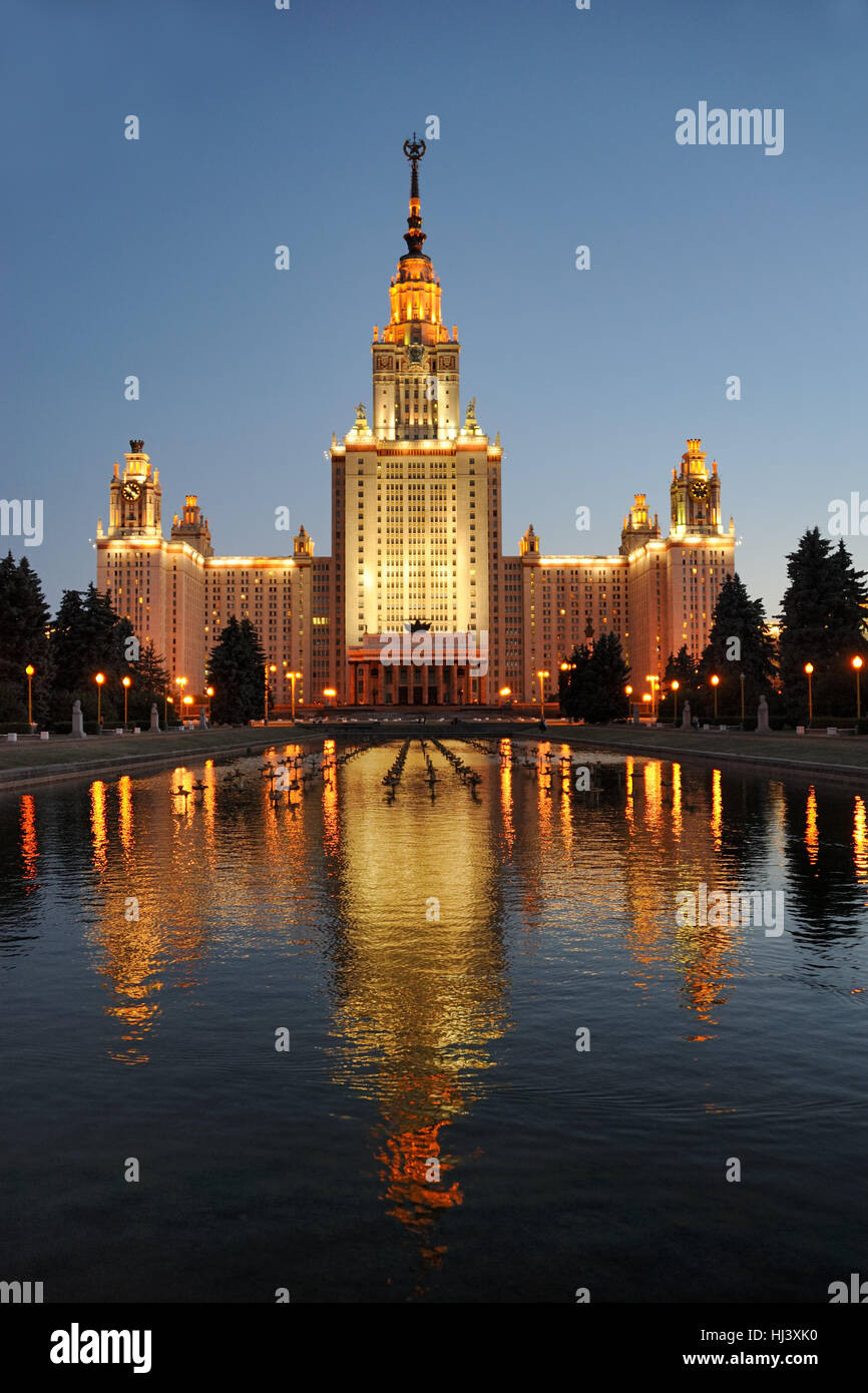 Moscow State University (MGU) at Twilight with Golden Reflection in a ...