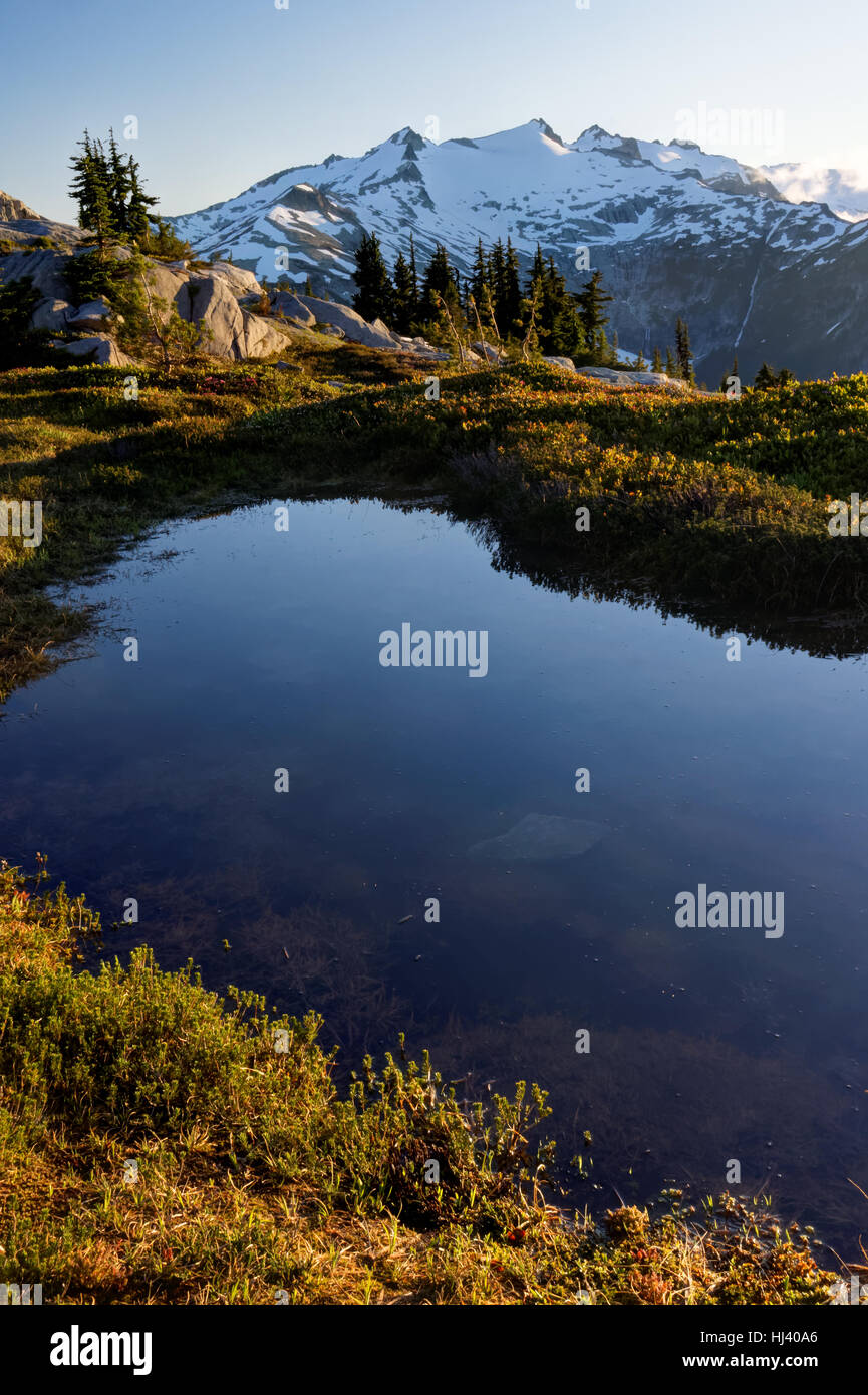 View of Mount Daniel and subalpine pond on Wenatchee Mountains, central ...