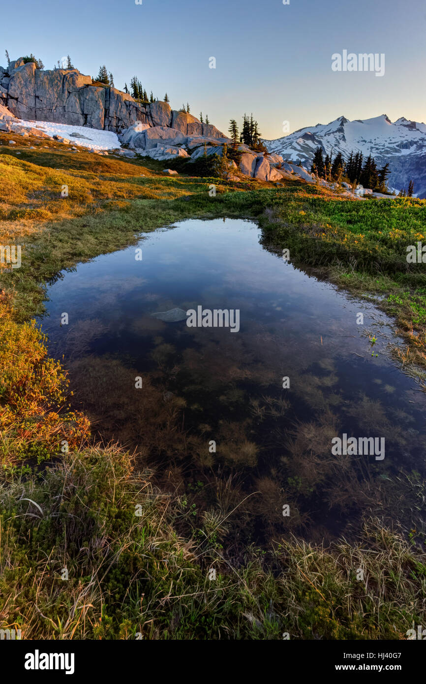 View of Mount Daniel and subalpine pond on Wenatchee Mountains, central ...