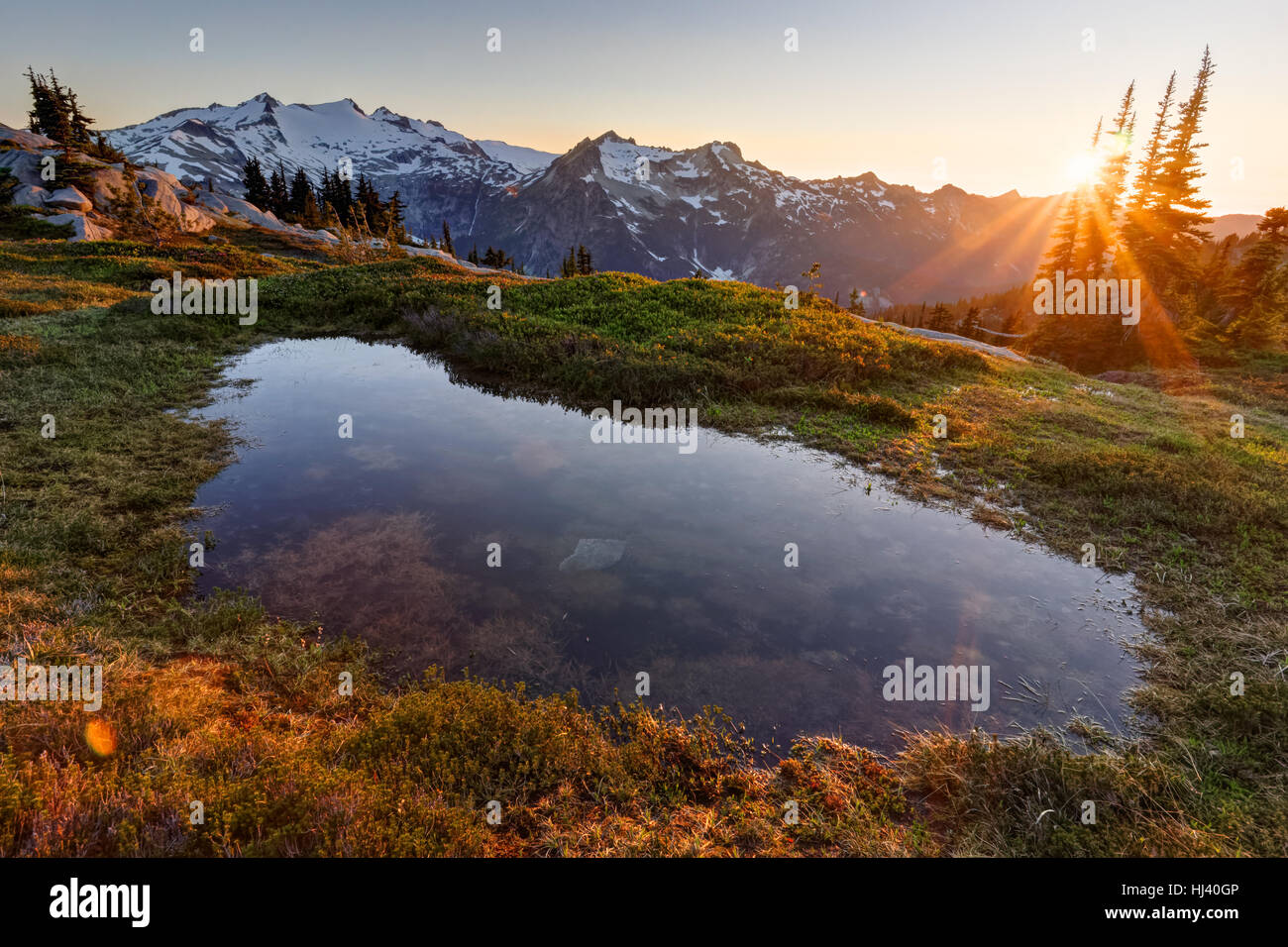 View of Mount Daniel and subalpine pond on Wenatchee Mountains, central ...