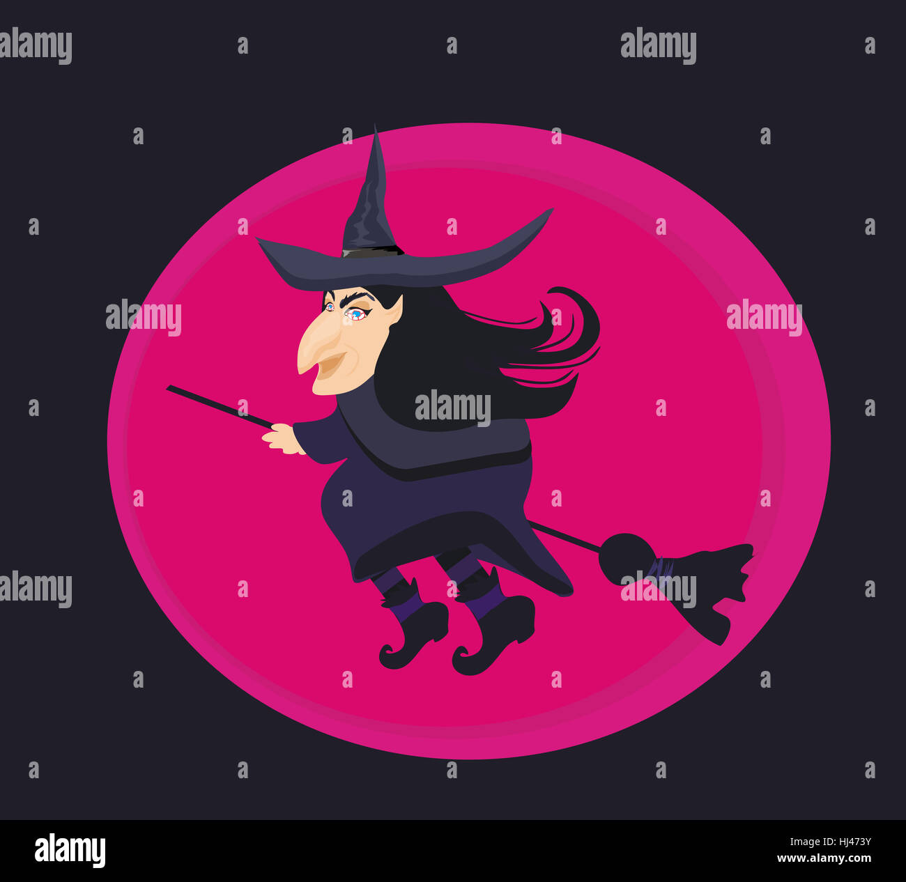 Cartoon wicked witch flying broomstick halloween fear dark hi-res stock ...
