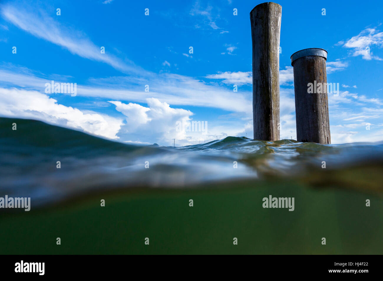 Jetty under water during a flood, Allensbach, Lake Constance, Germany ...