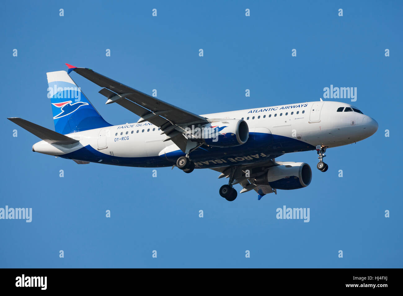 Atlantic Airways Airliner in flight, airplane, plane, blue sky Stock ...