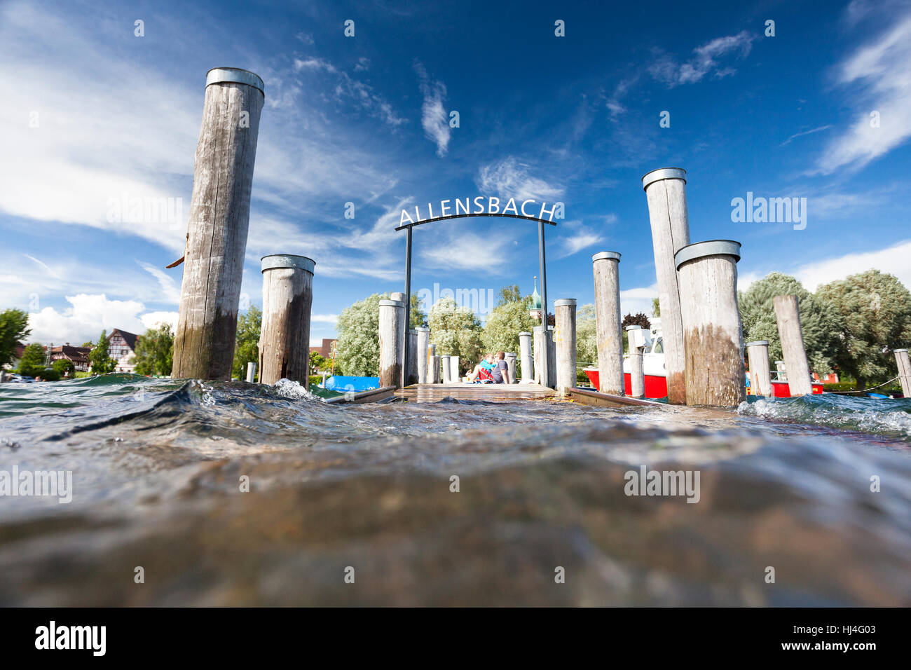 Jetty under water during a flood, Allensbach, Lake Constance, Germany ...